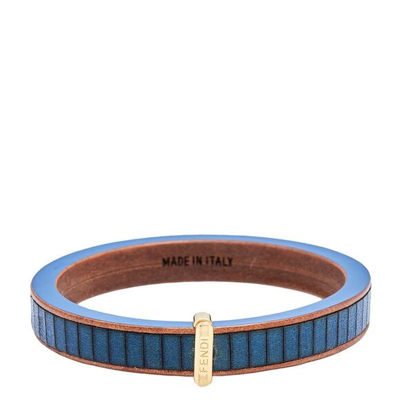 Fendi | Jewelry | Fendi Wood Leather Gold Tone Metal Navy Blue Bangle ...